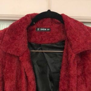 SHEIN | Jackets & Coats | Red Collared Fuzzy Coat With Inside Black ...